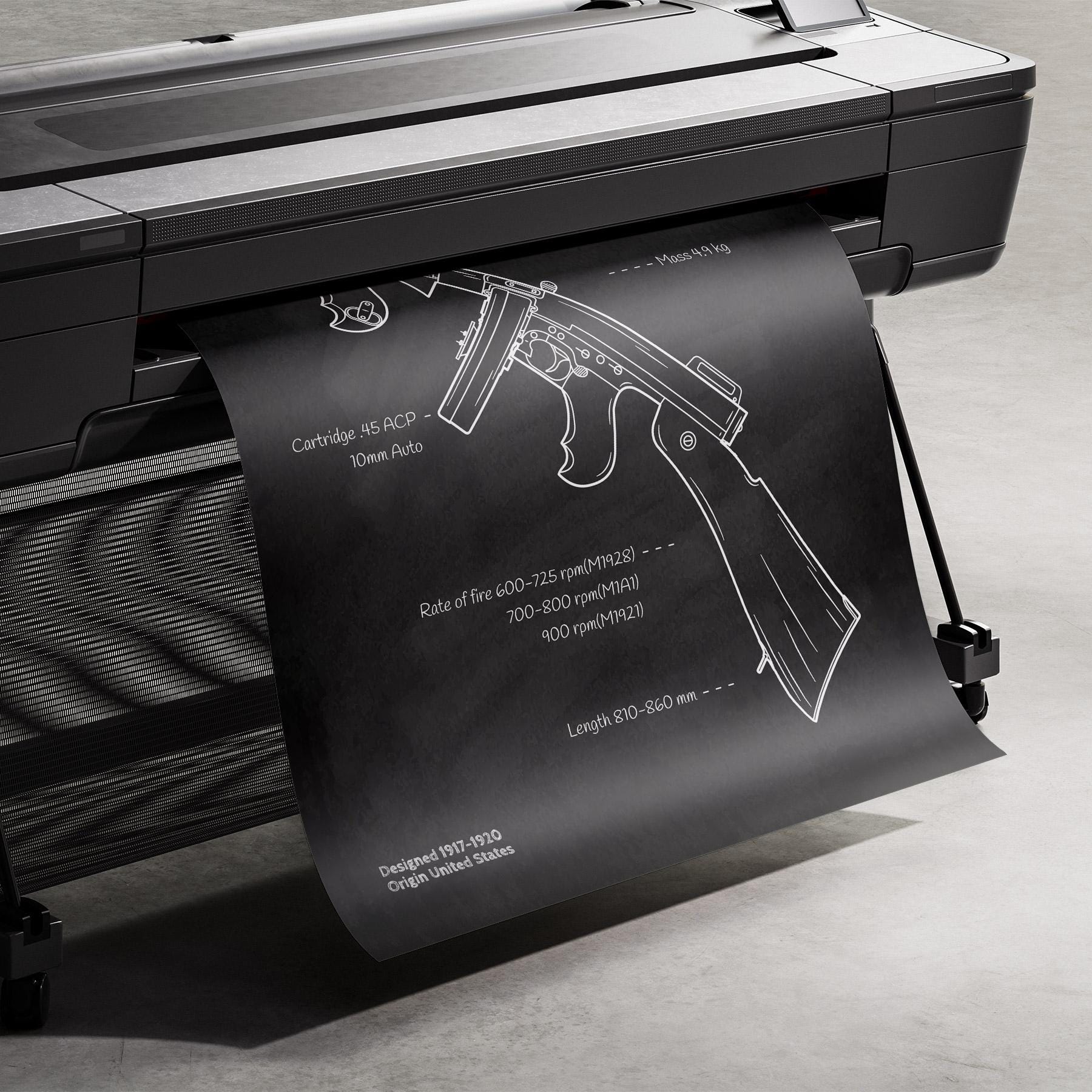 Thompson Submachine Gun Blueprint Poster | Classic WWII Firearm Wall ...