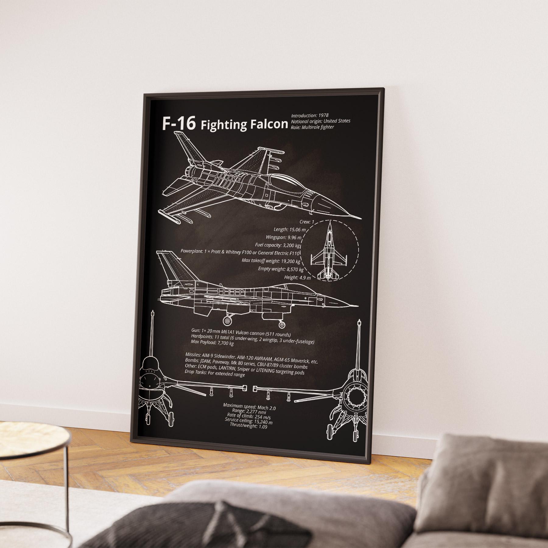 F-16 Fighting Falcon Blueprint Poster — Modern Multirole Fighter Jet ...