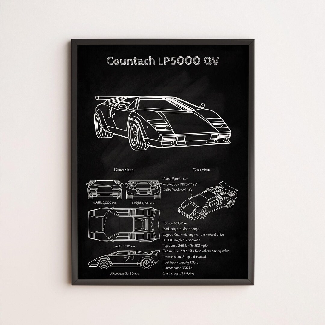 Lamborghini Countach LP5000 QV Blueprint Poster – Classic Supercar Wall ...