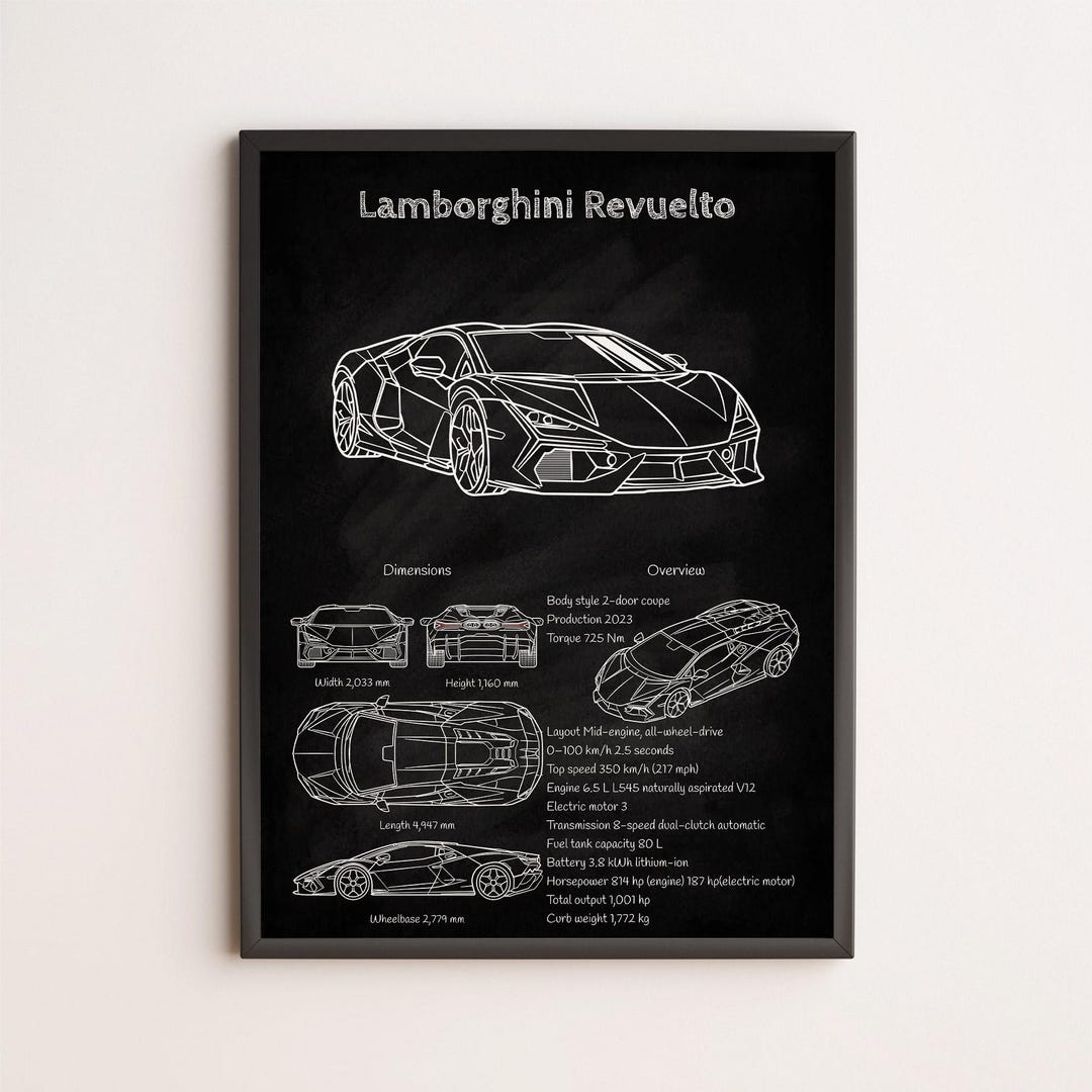 Lamborghini Revuelto Blueprint Poster, Hybrid Supercar Wall Art ...