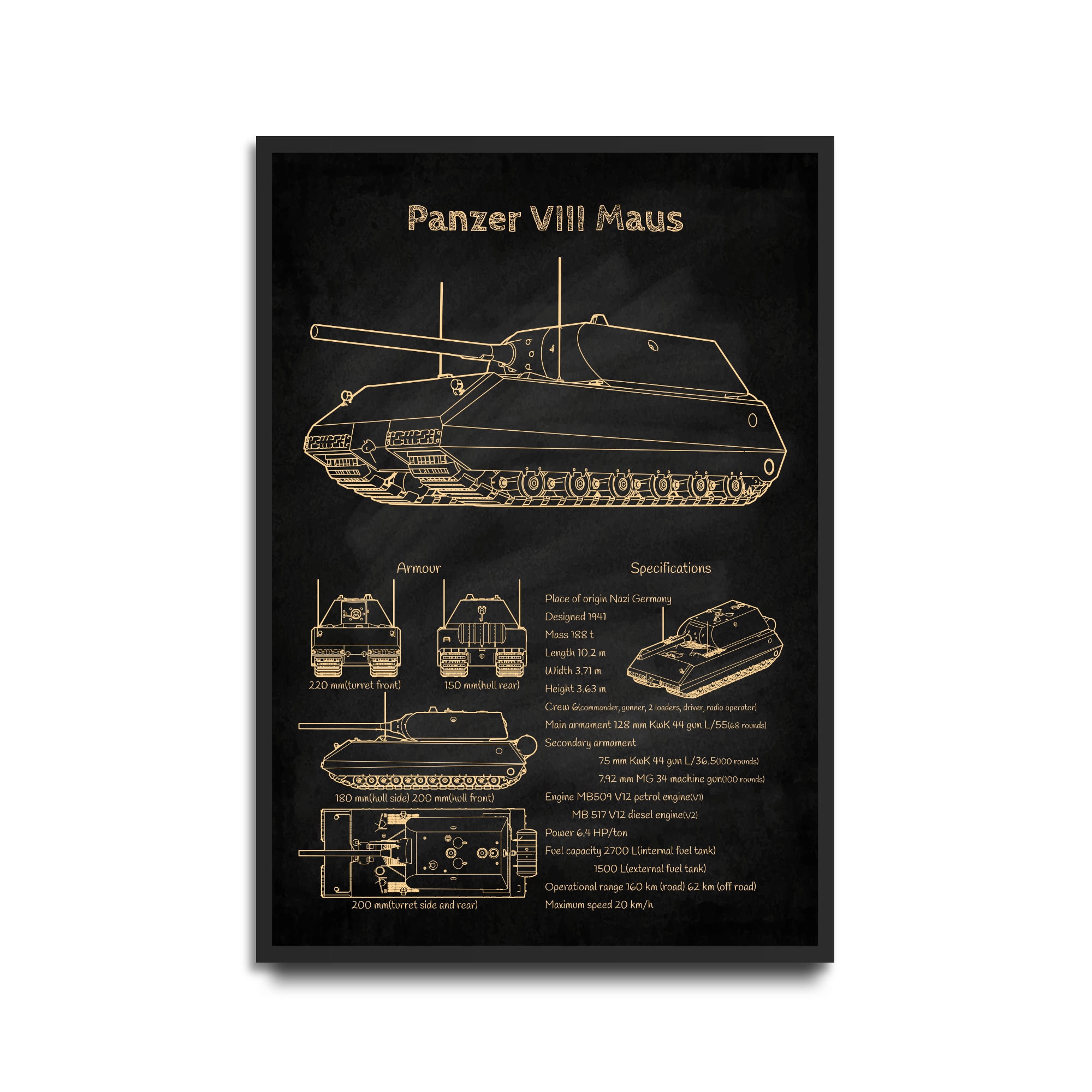 Panzer VIII Maus Tank Blueprint Poster - WW2 German Super Heavy Tank ...
