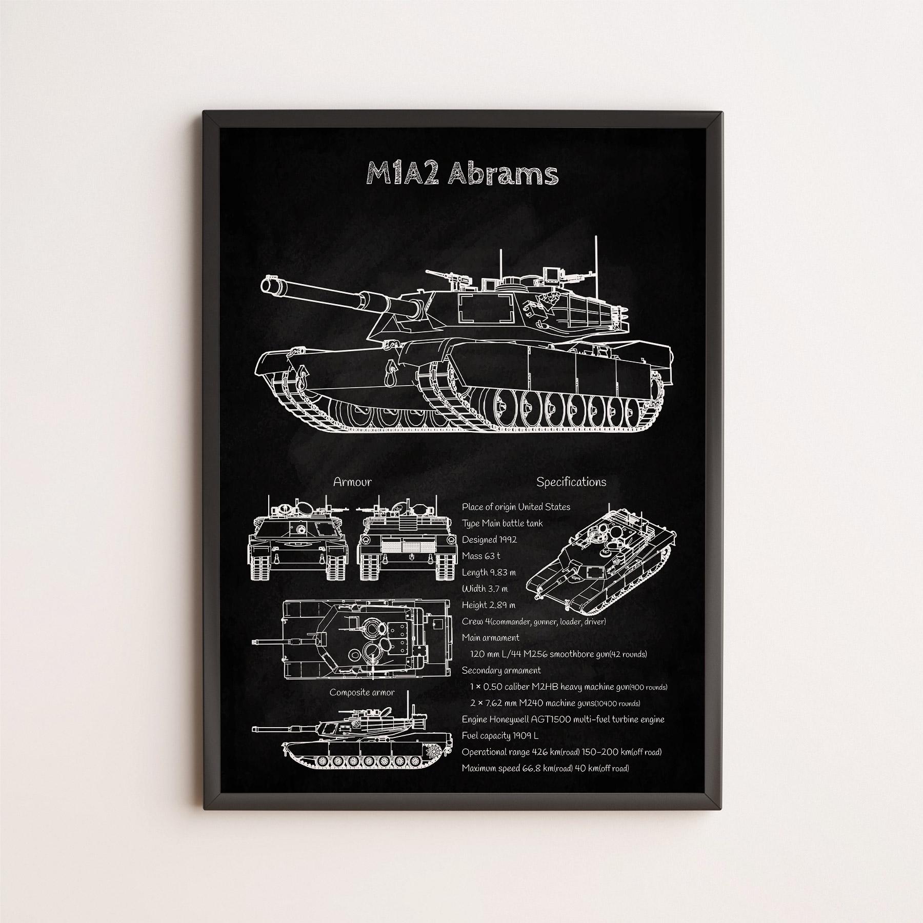 M1A2 Abrams Tank Blueprint Poster | Modern Military Vehicle Wall Art ...