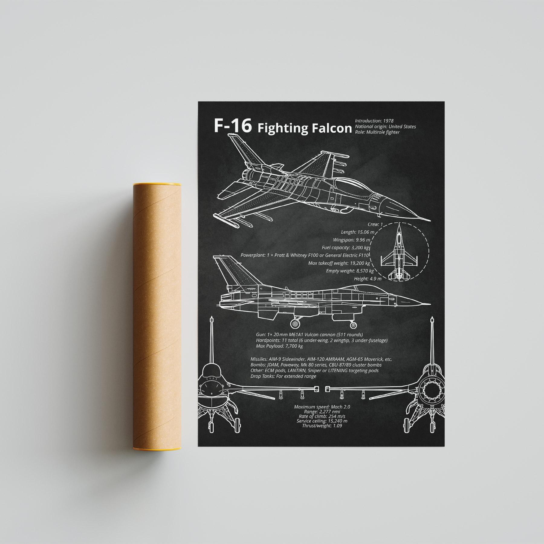 F-16 Fighting Falcon Blueprint Poster — Modern Multirole Fighter Jet ...