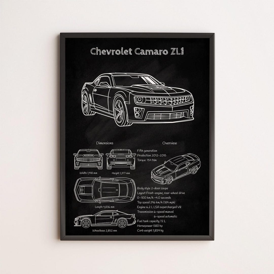 2015 Chevrolet Camaro ZL1 Blueprint Poster, Muscle Car Wall Art ...