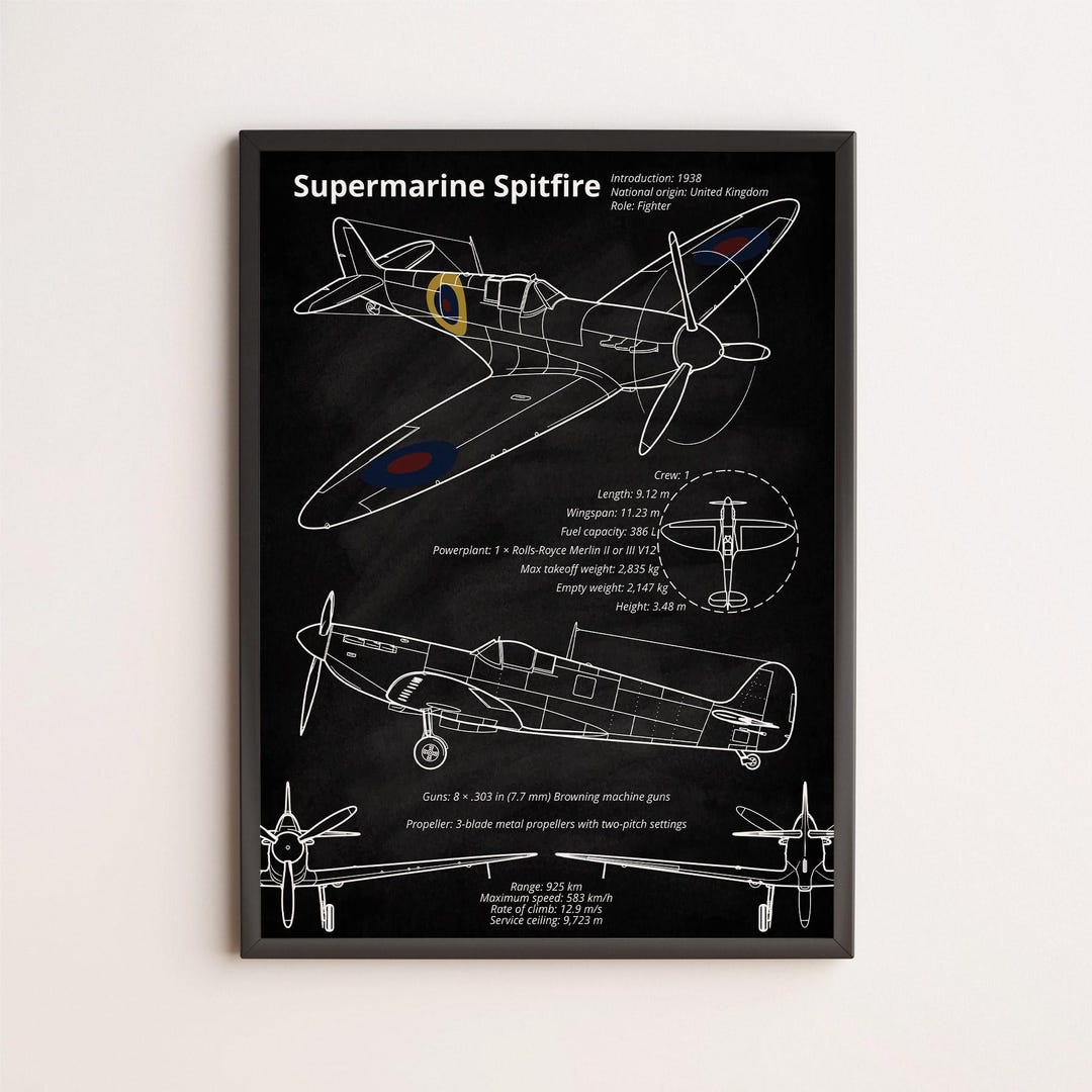 Supermarine Spitfire Blueprint Poster — WWII British Fighter Wall Art ...