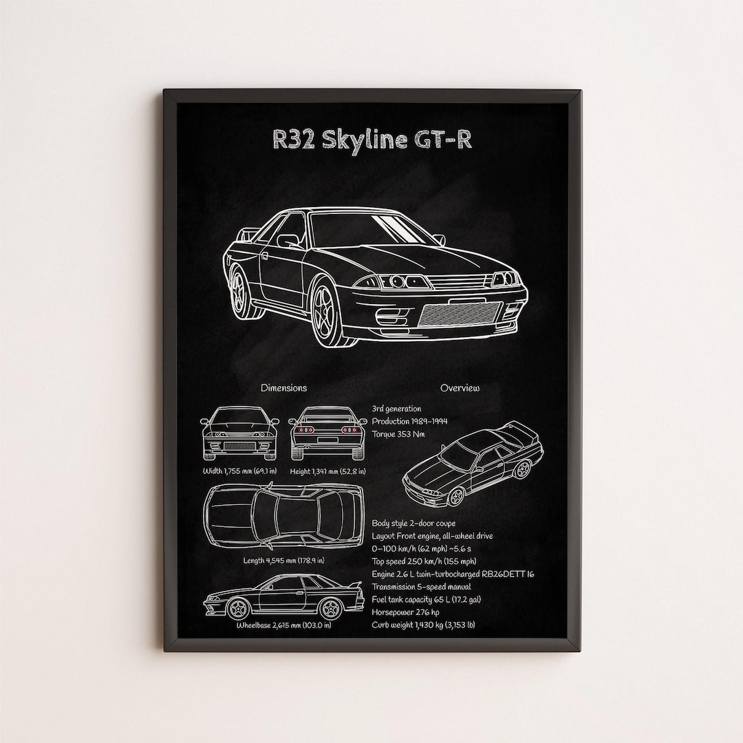 Nissan Skyline GT-R R32 Blueprint Wall Art, JDM Car Poster, Godzilla ...