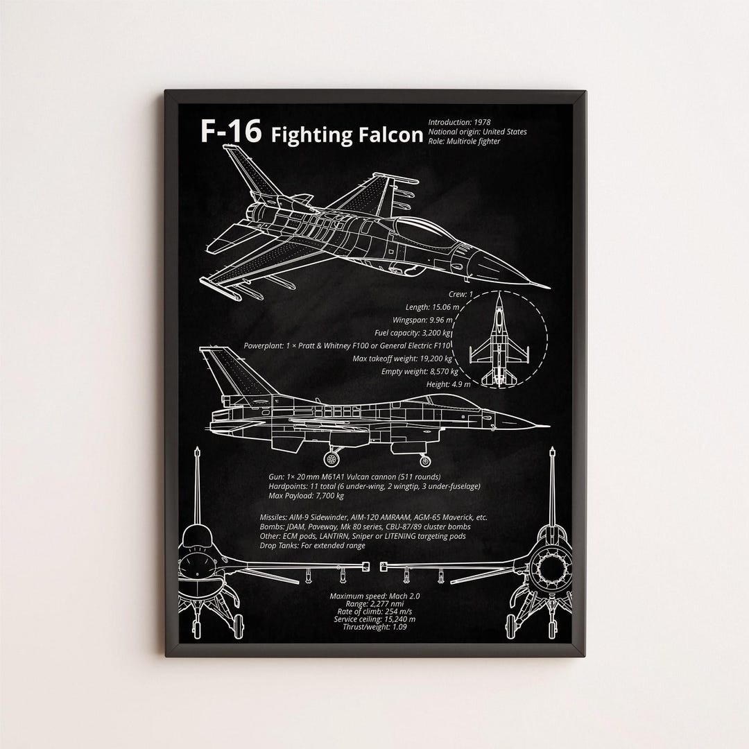 F-16 Fighting Falcon Blueprint Poster — Modern Multirole Fighter Jet ...