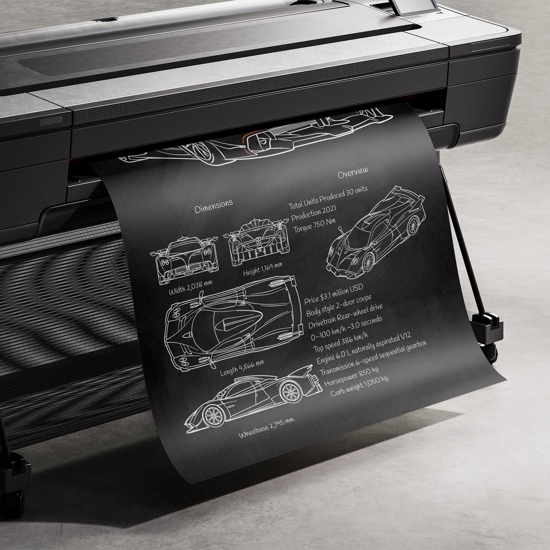 Pagani Huayra R Blueprint Poster – Hypercar Wall Art Print, Italian ...
