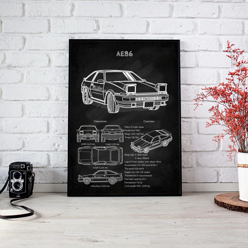 Initial D Toyota AE86 Blueprint Poster - Japanese Car Art - Anime Drift ...