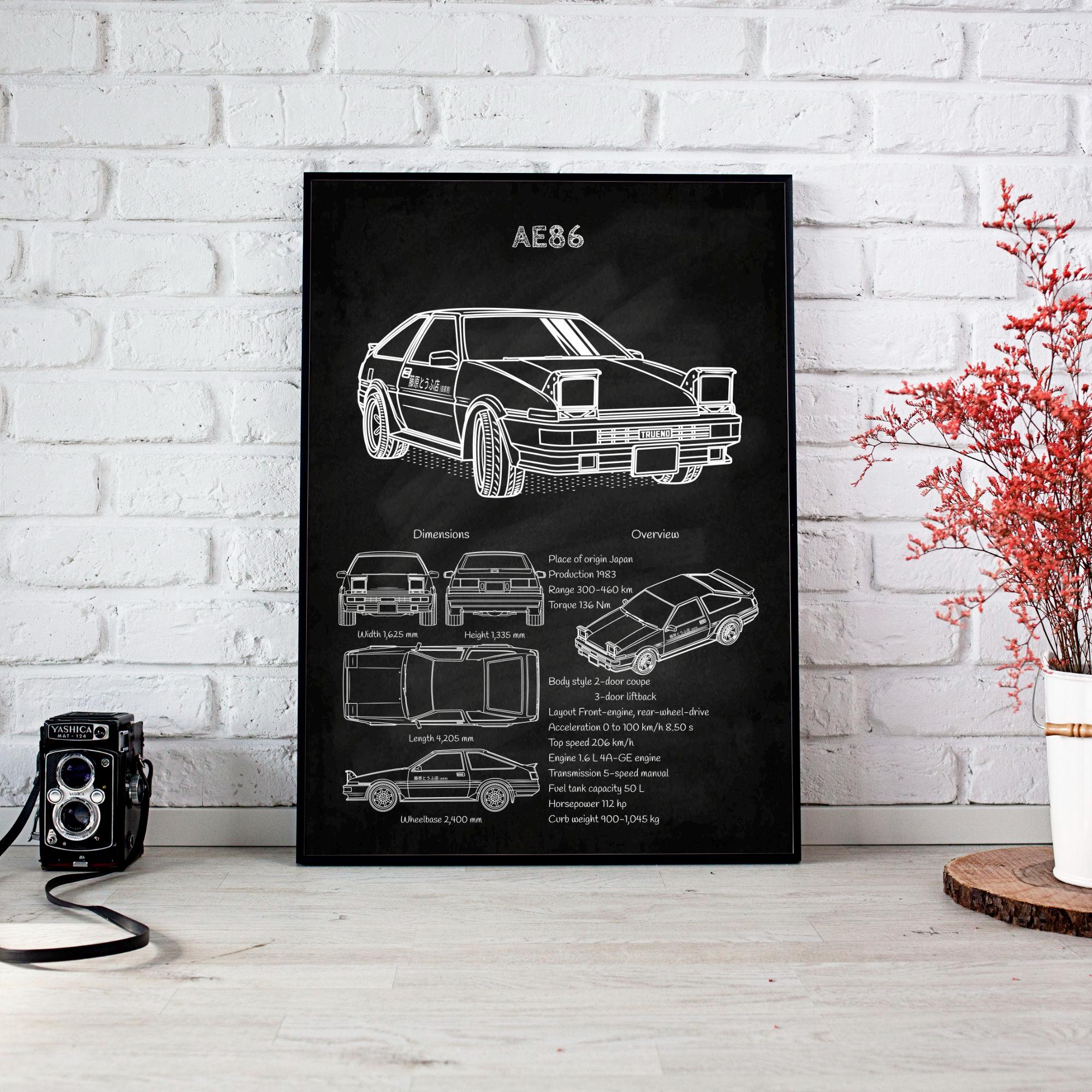 Initial D Toyota AE86 Blueprint Poster - Japanese Car Art - Anime Drift ...