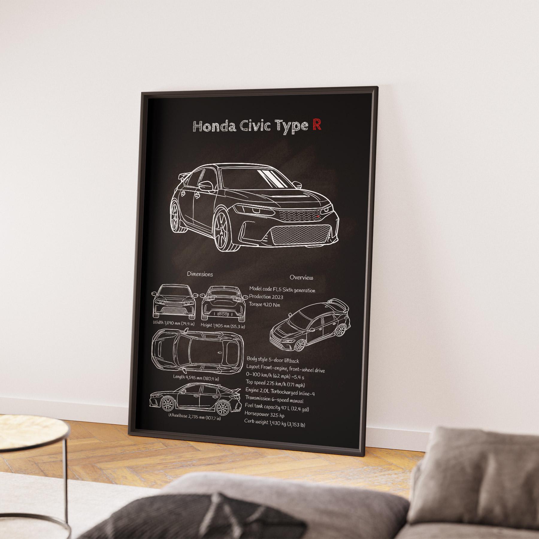 Honda Civic Type R FL5 Blueprint Wall Art, JDM Performance Car Poster ...