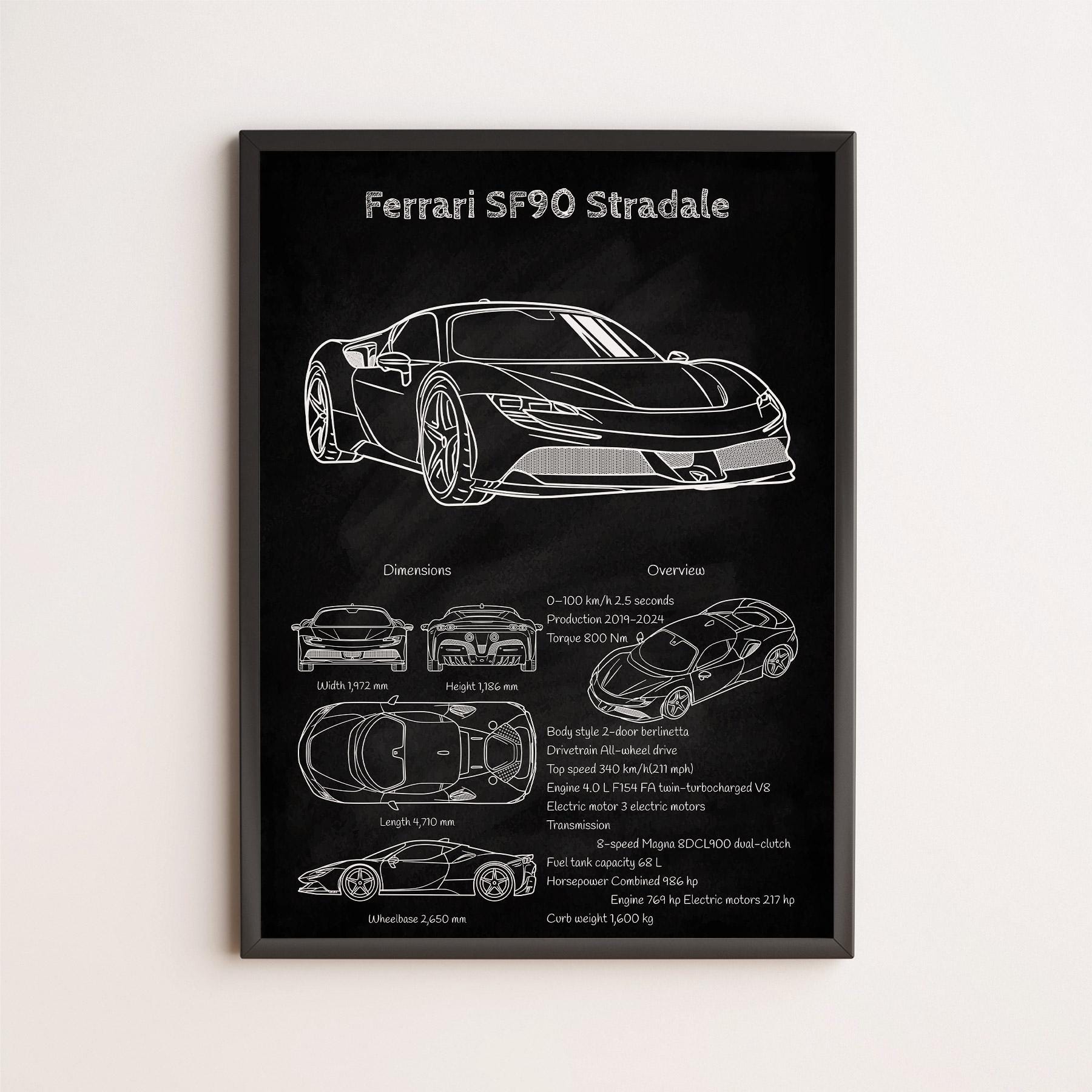 Ferrari SF90 Stradale Blueprint Poster – Italian Hybrid Supercar Wall ...