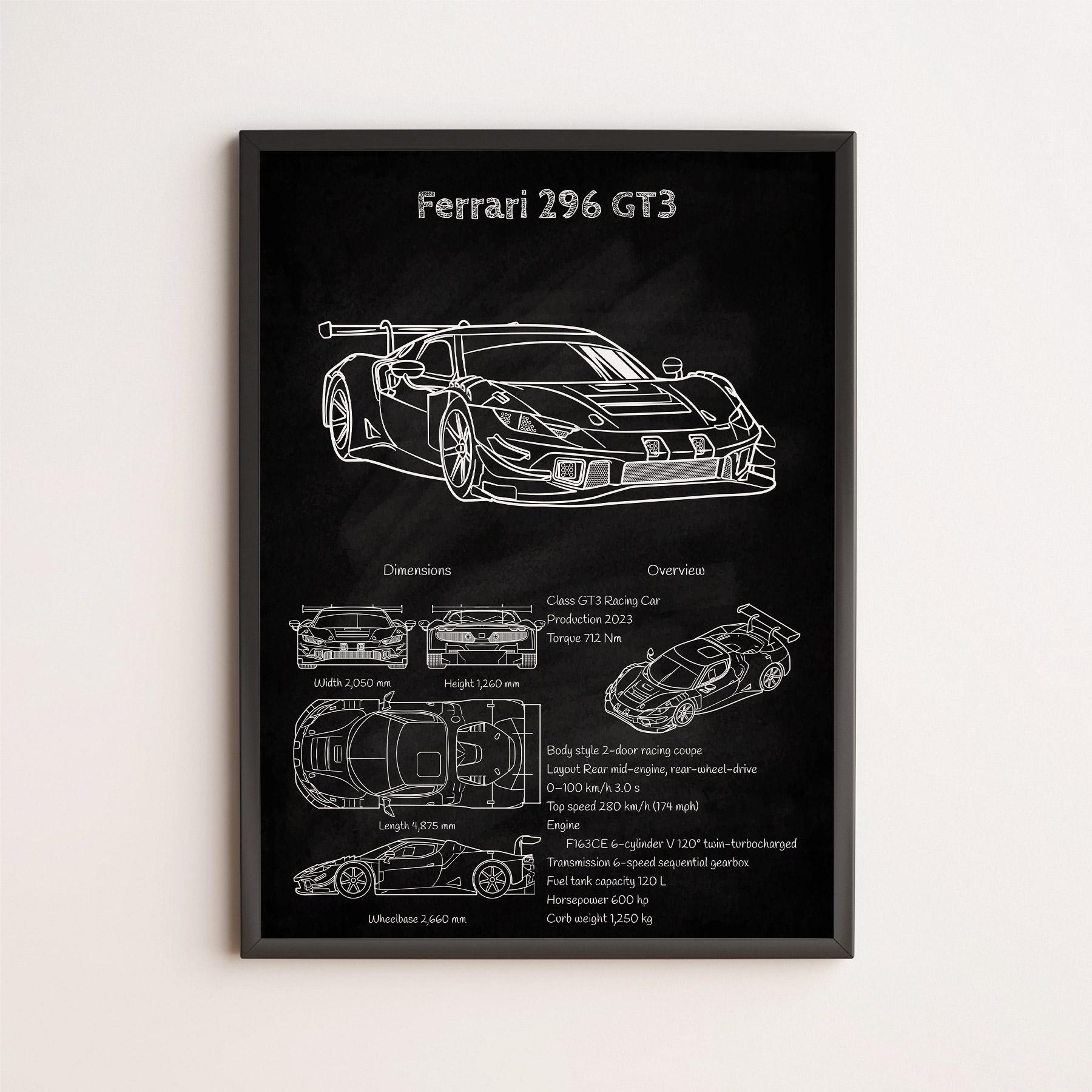 Ferrari 296 GT3 Blueprint Poster, Racing Car Wall Art, Technical ...