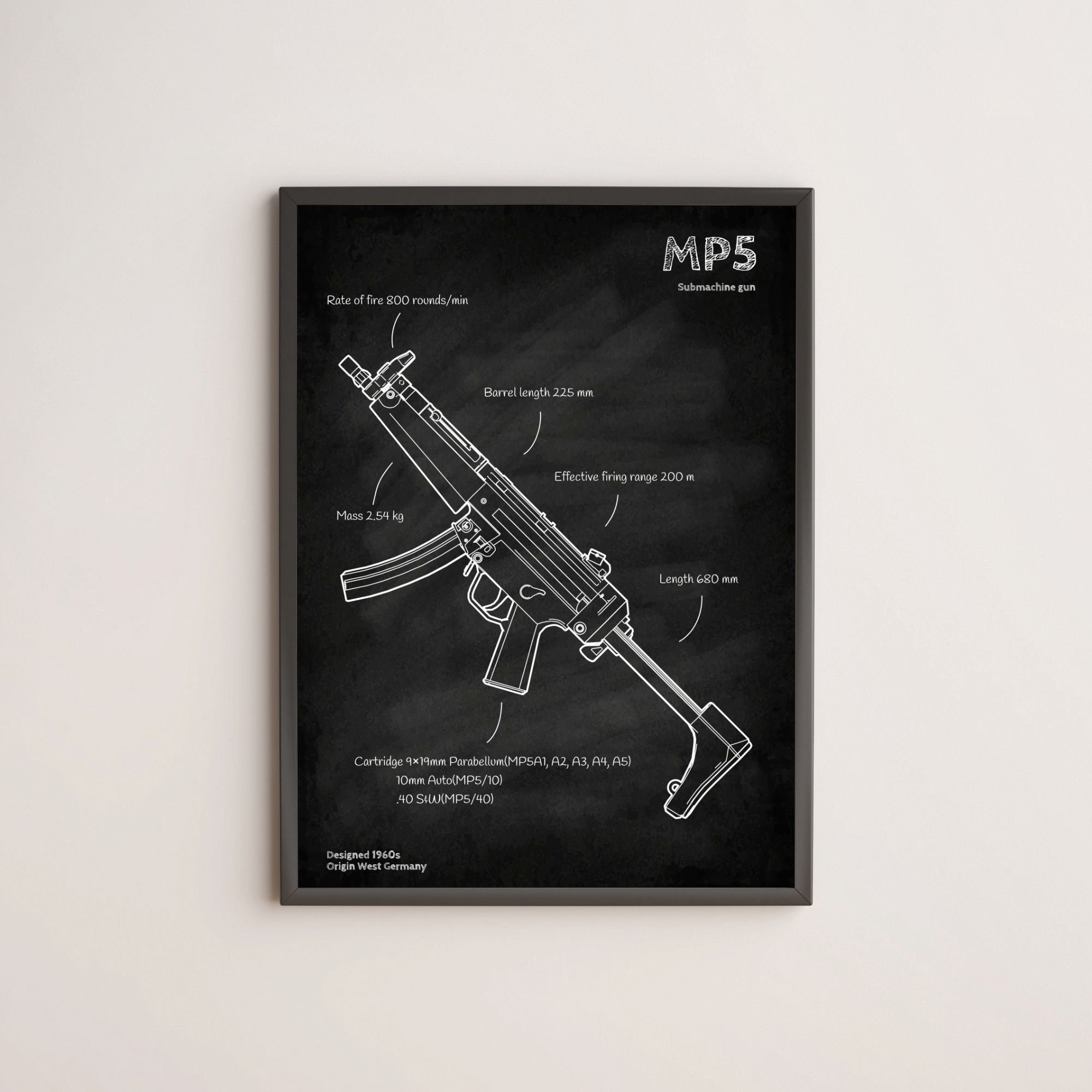German MP5 Submachine Gun Blueprint Poster Wall Art - Etsy
