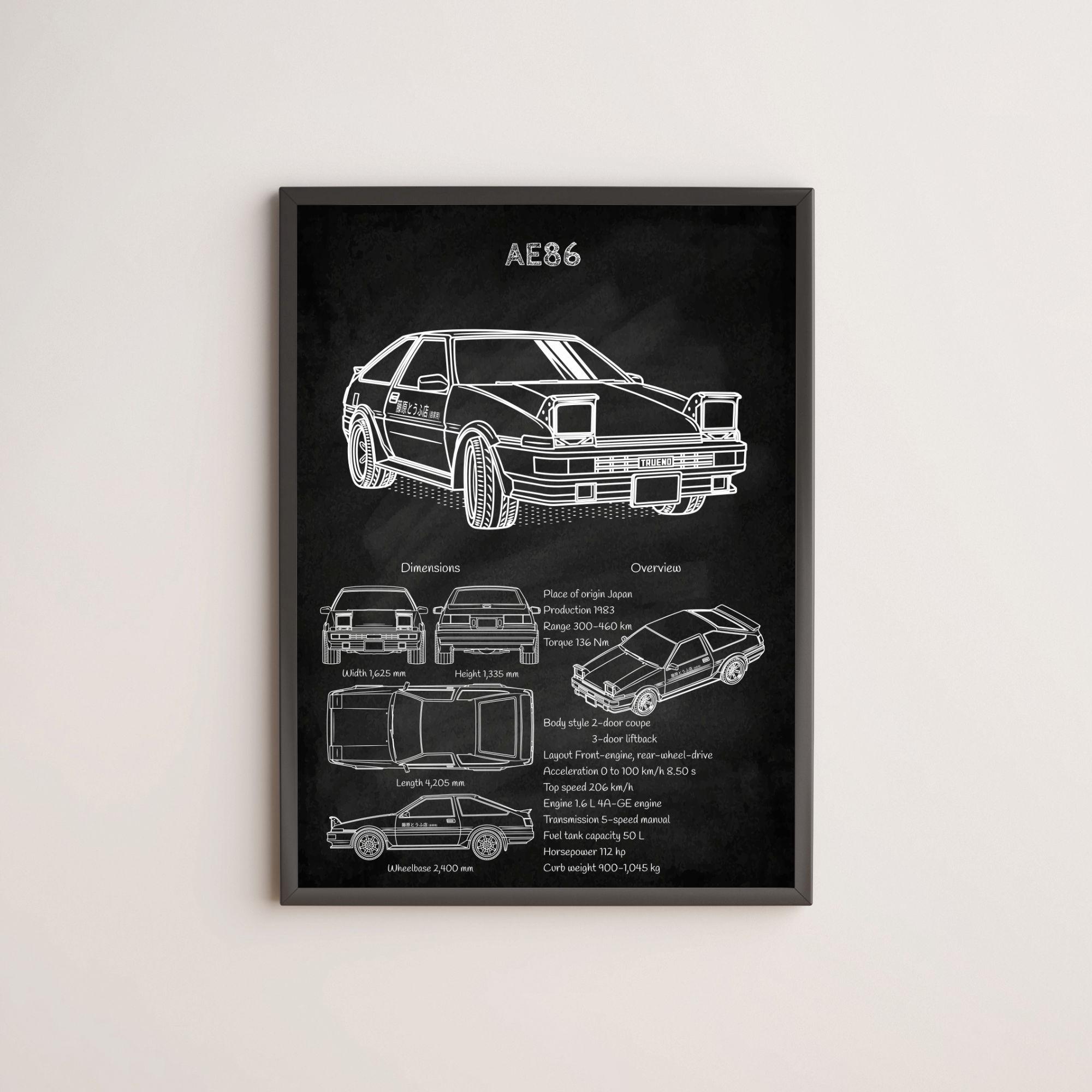 Initial D Toyota AE86 Blueprint Poster - Japanese Car Art - Anime Drift ...