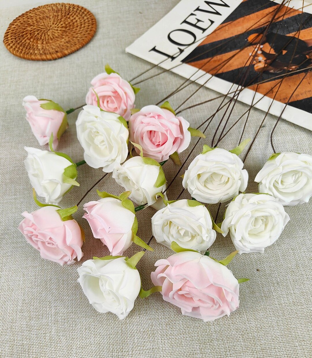 10pcas Fabric Rose With Wire Rodartificial Roses flower Arrangementdiy ...