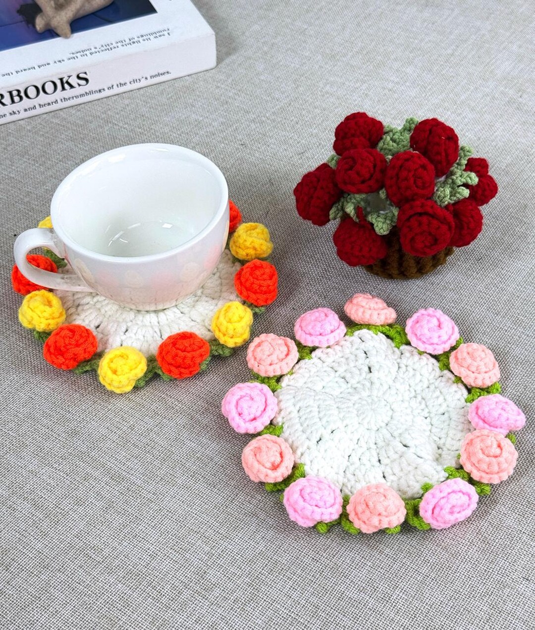 Crochet Coaster Basket Set,mini Crochet Bouquet Blanket,crochet Flower ...