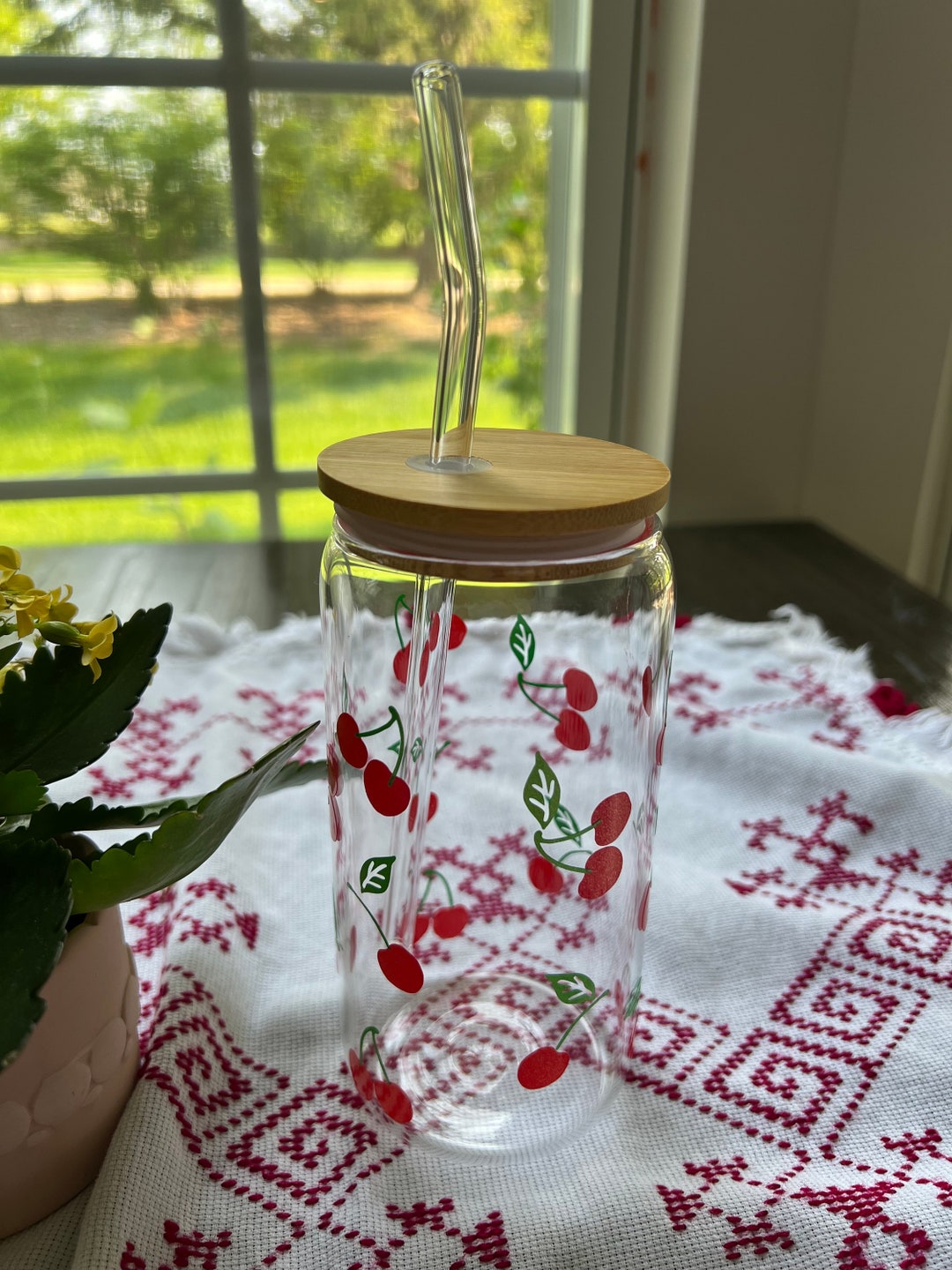Cherry Themed Drink Cup, Cherry Glass Tumbler, Bamboo Top Glass Libby ...
