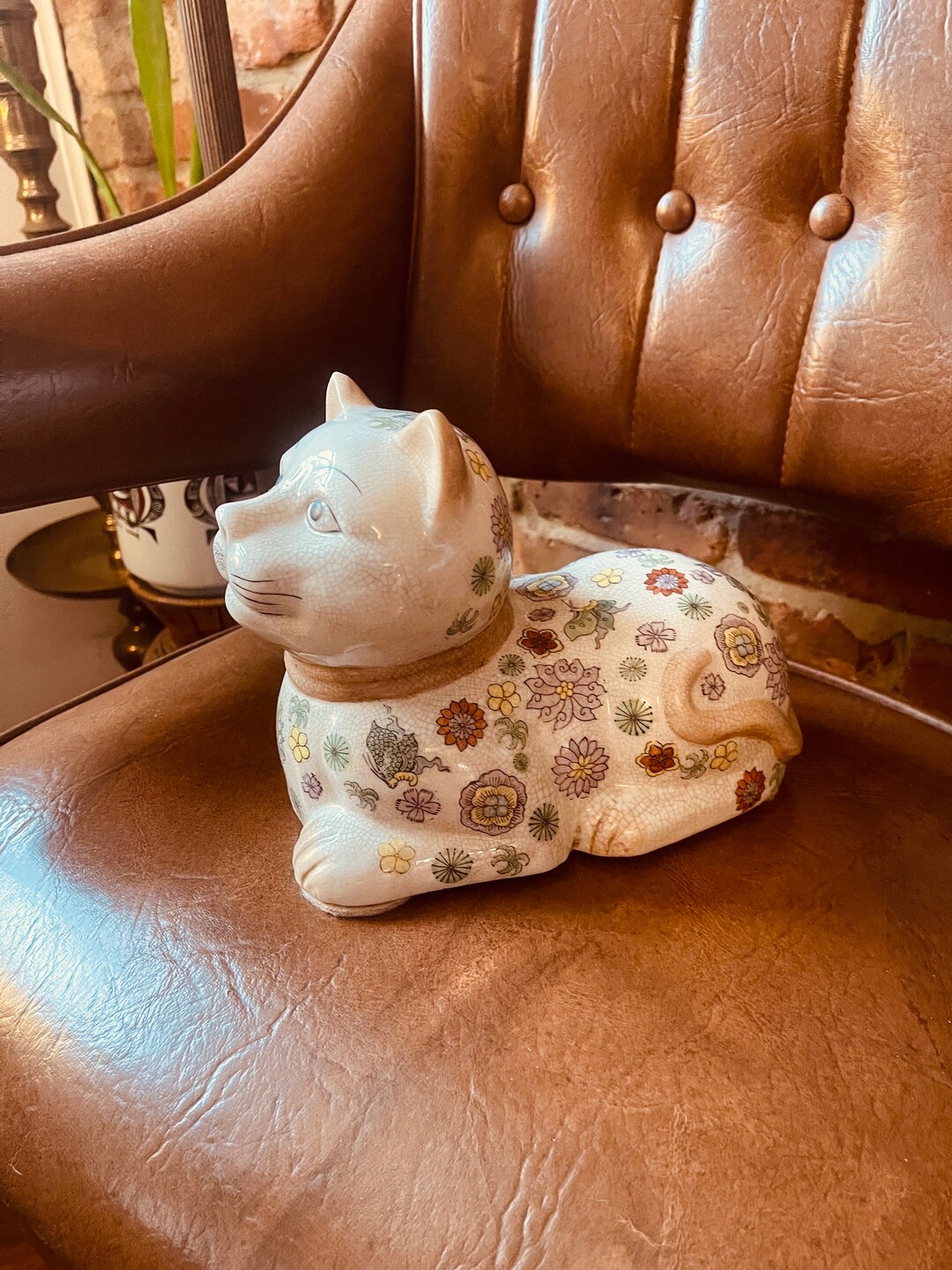 Vintage Large Chinoiserie Cat Chinoiserie Cat With Lotus and Bird ...