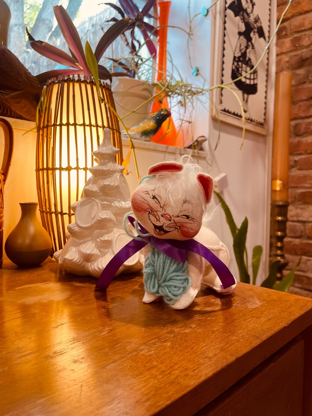 Fun 1999 Annalee White Cat Art Doll Playing With Ball of Yarn, Vintage ...