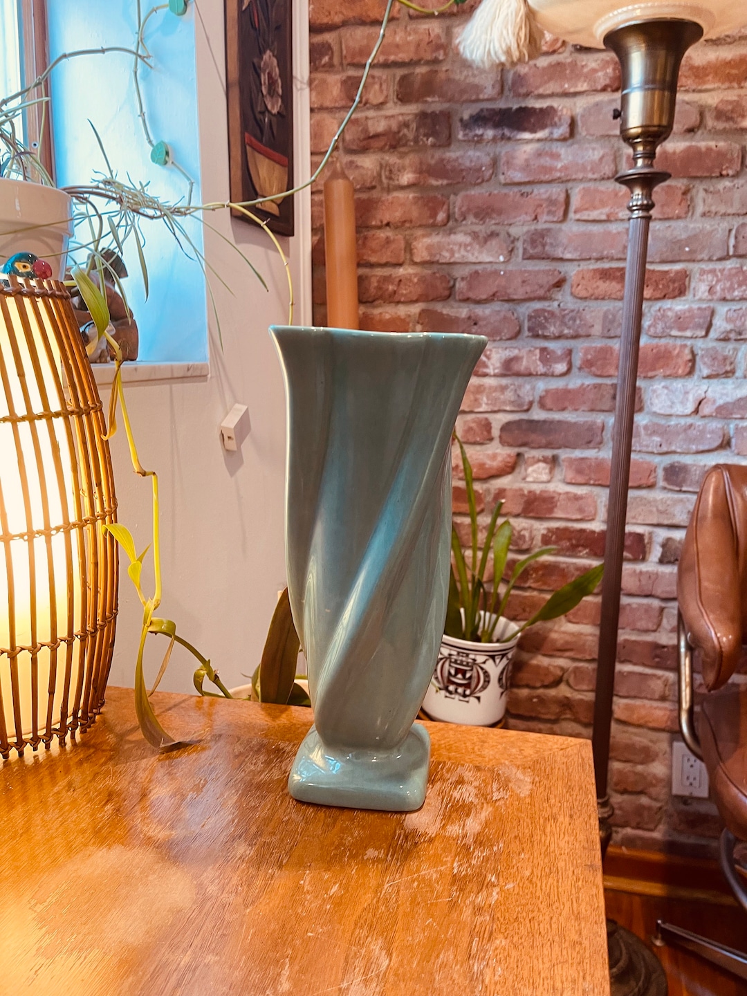 Large MCM Vintage Teal Aqua Twisted Ceramic Vase, Vintage 1950s-60s ...