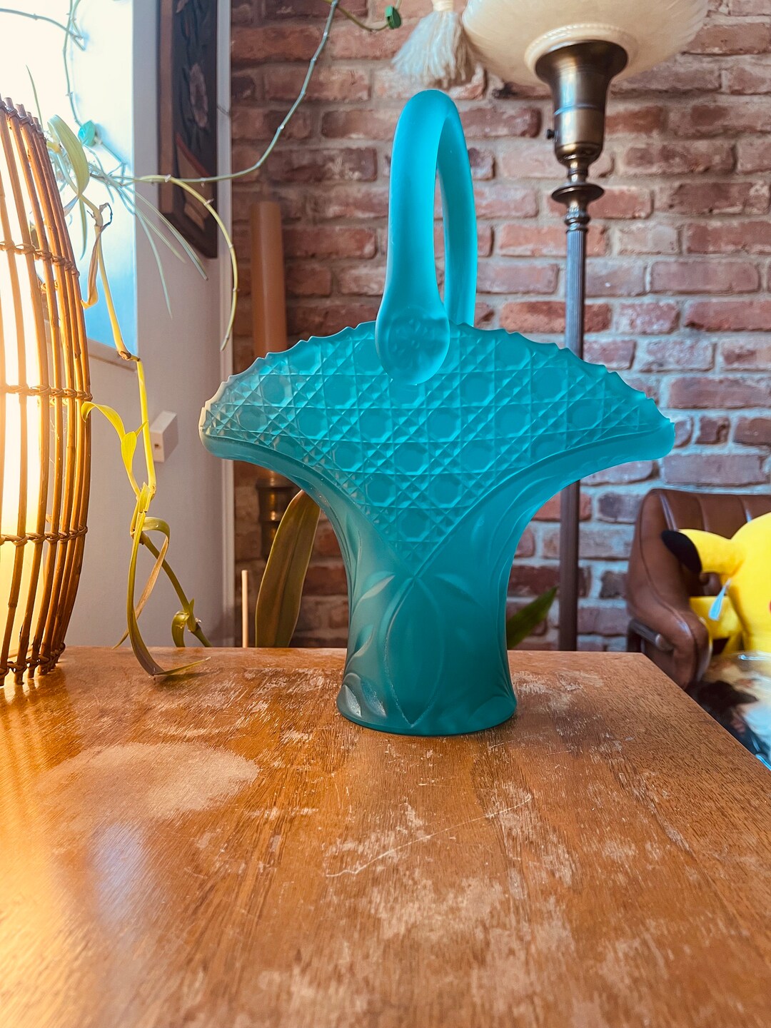 RARE LE Smith Innovation Frosted Satin Teal Blue Glass Basket Quilted ...