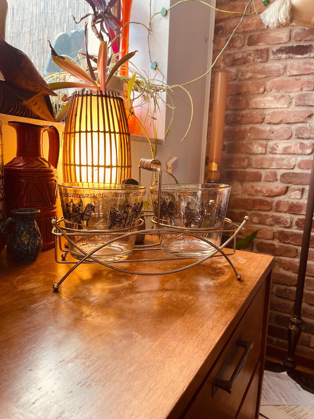 Amazing MCM Retro Psyche Double Glass Ice Buckets With Caddy Holder ...