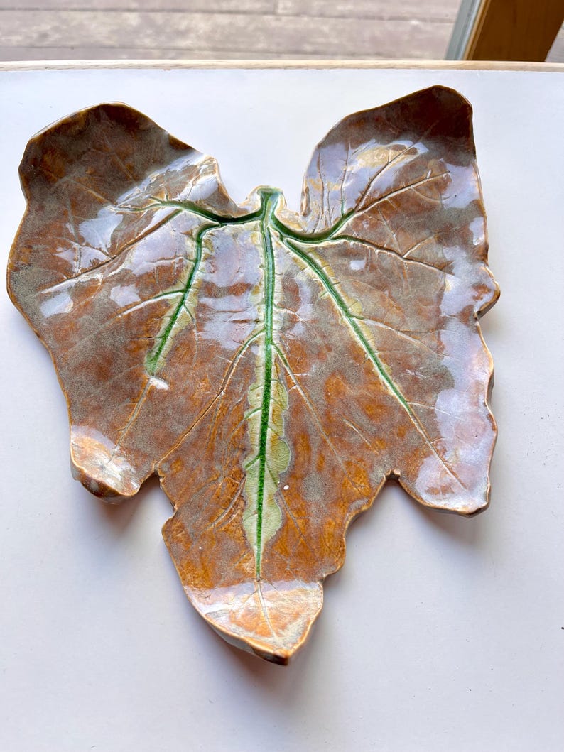 Fall Leaf, Ceramic Pottery, One-of-a-kind Handmade Green Glass Melted ...