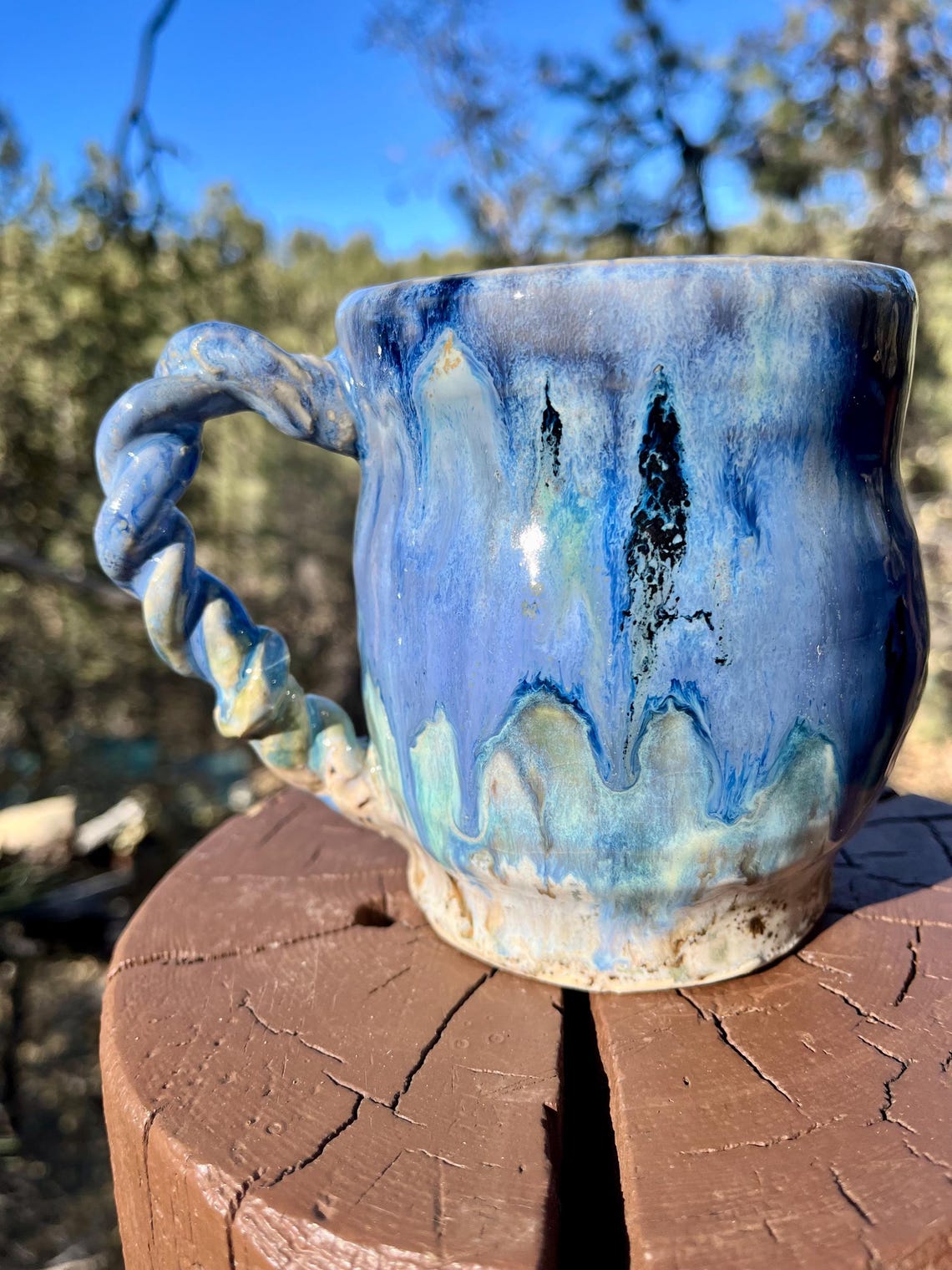 Coffee Stoneware Blue Mug Cup Pottery Twisted Handle Rustic Vessel One ...