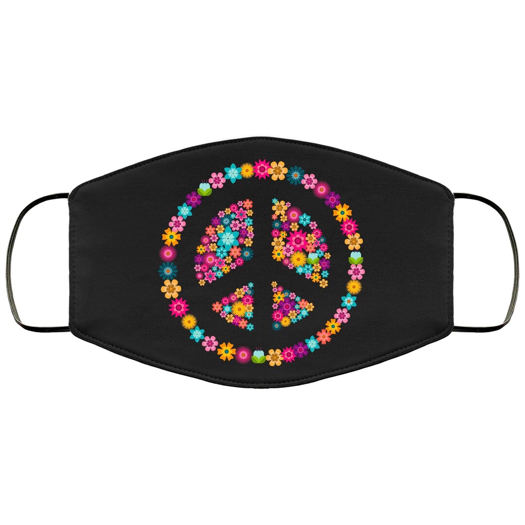 Floral Peace Sign Face Mask Adult & Kids Flowers Bohemian Retro Hippie ...