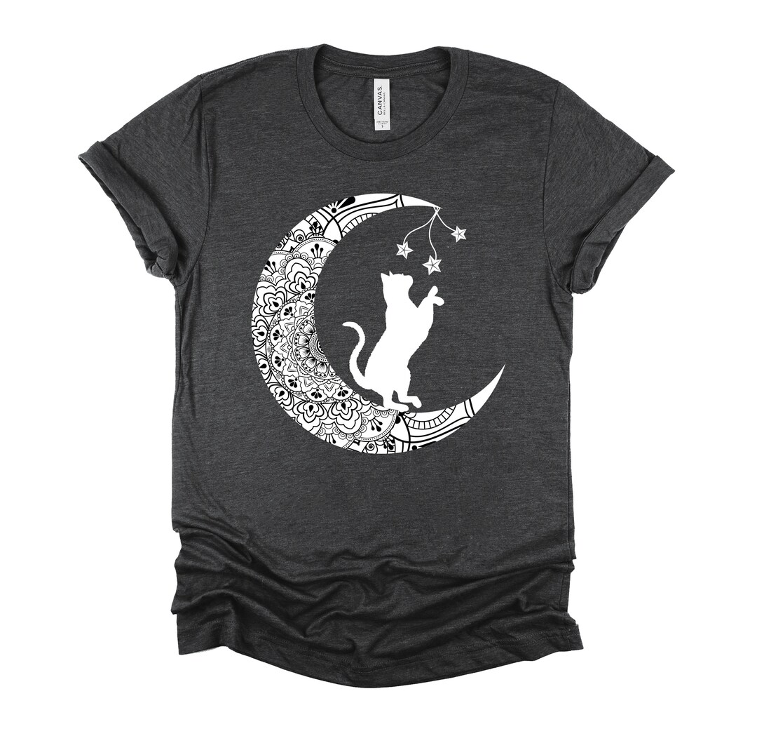 Cat Moon Tshirt, Playful Cat Mandala Shirt, Crescent Moon Tee, Cat Mom ...