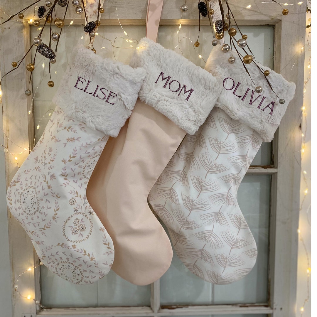 Pink Christmas Stocking, Embroidered Stocking, Faux Fur Stocking, Baby ...