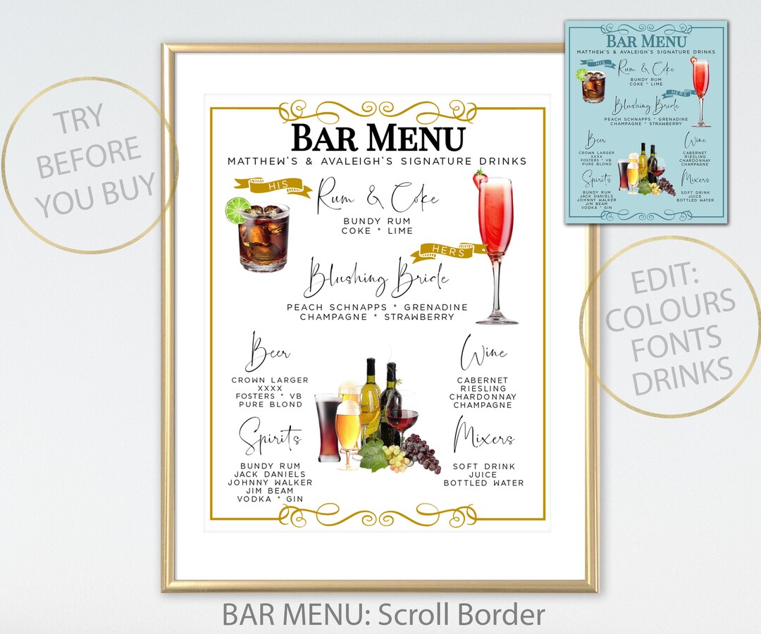 Scroll Border Signature Drinks Sign, Signature Cocktails Template ...