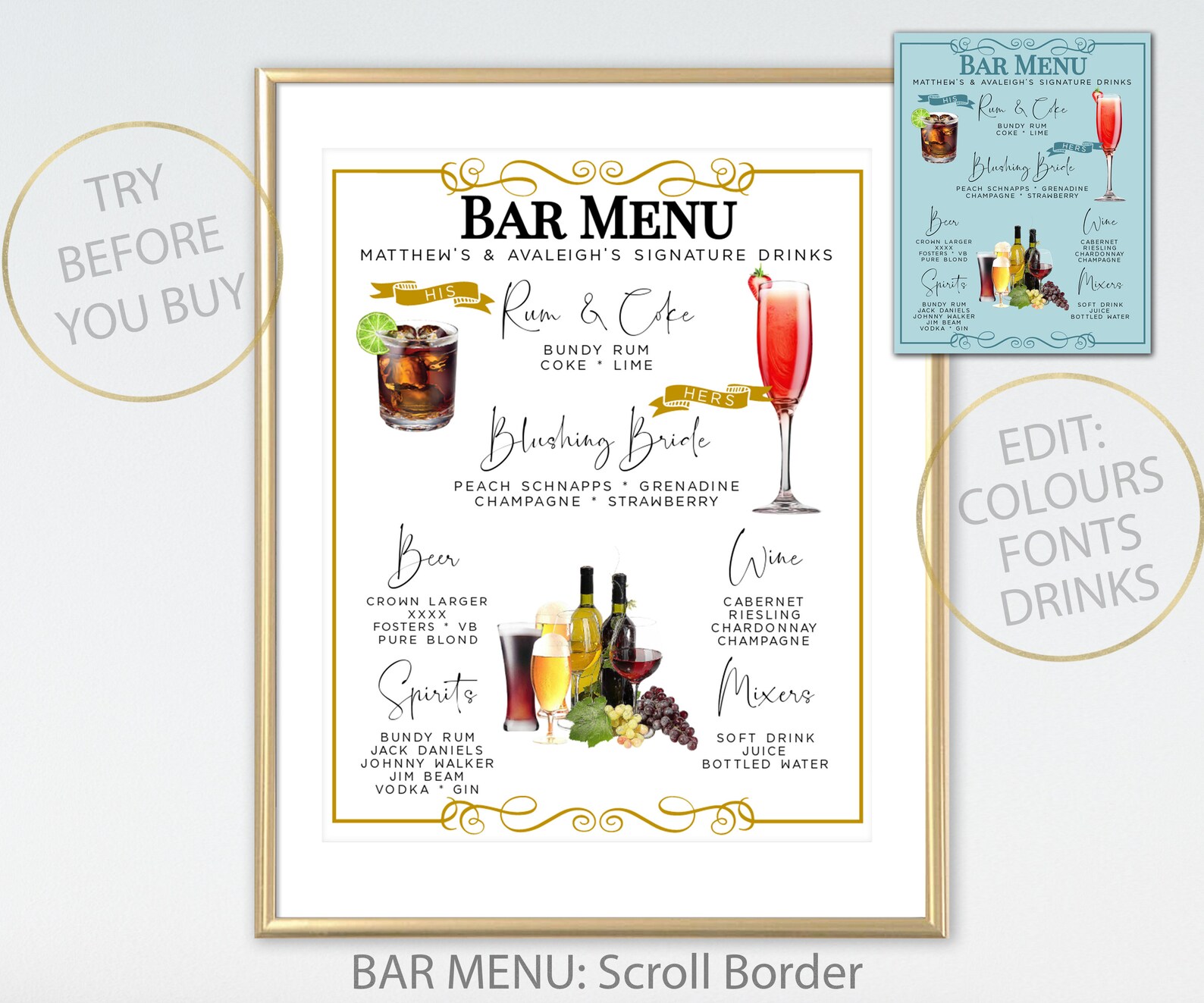 Scroll Border Signature Drinks Sign Signature Cocktails | Etsy