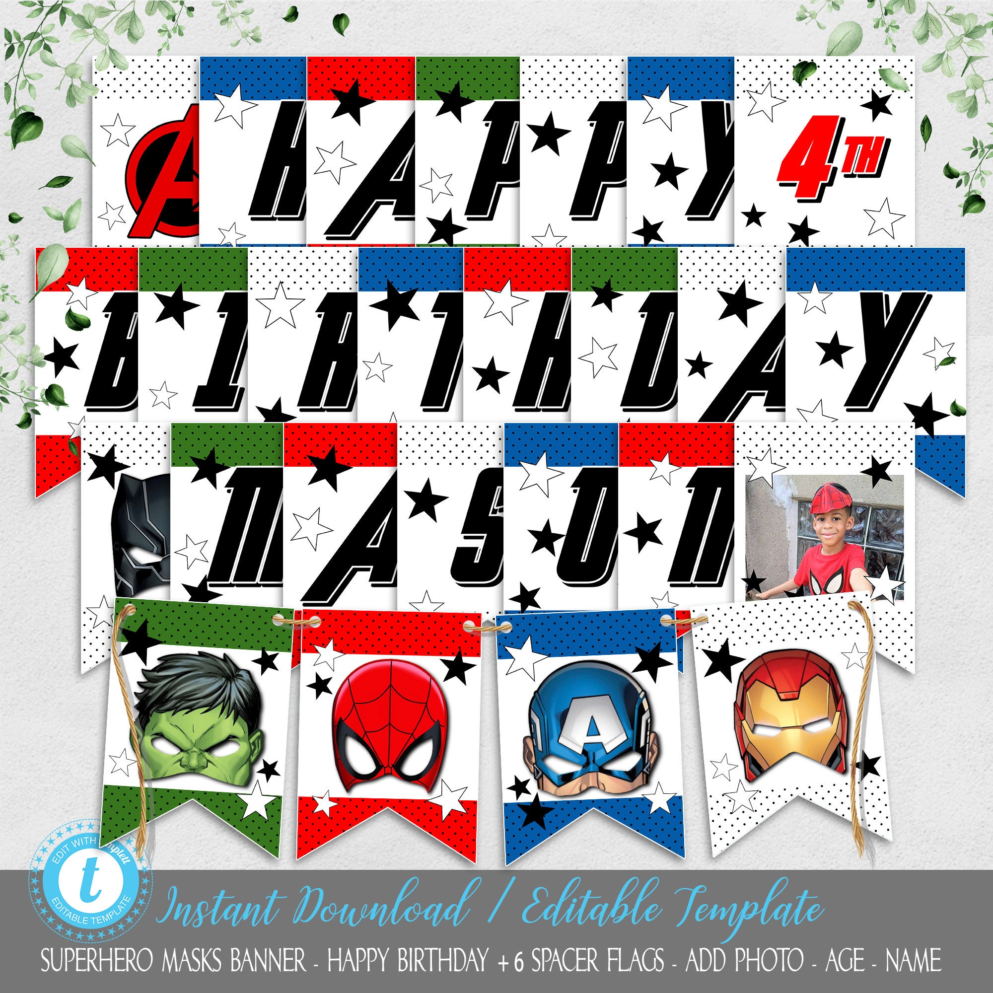 Avengers Birthday Banner, Superhero Masks Marvel Birthday Bunting, Kids ...