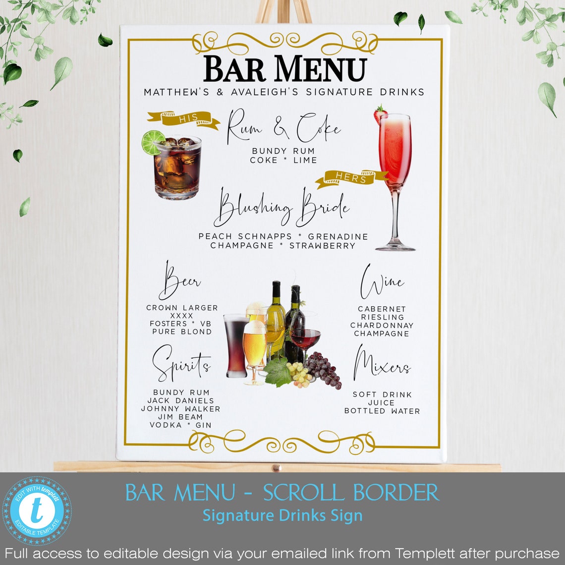 Scroll Border Signature Drinks Sign Signature Cocktails - Etsy