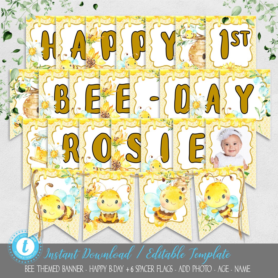 Bee Themed Banner, Bumble Bee Birthday Bunting, Kids Bee-day Party ...