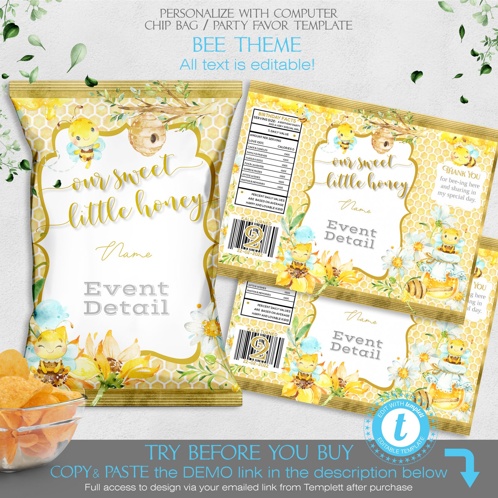 Bee Themed Chip Bag, Bumble Bee Chip Packet, Kids Bee-day Party Favor ...