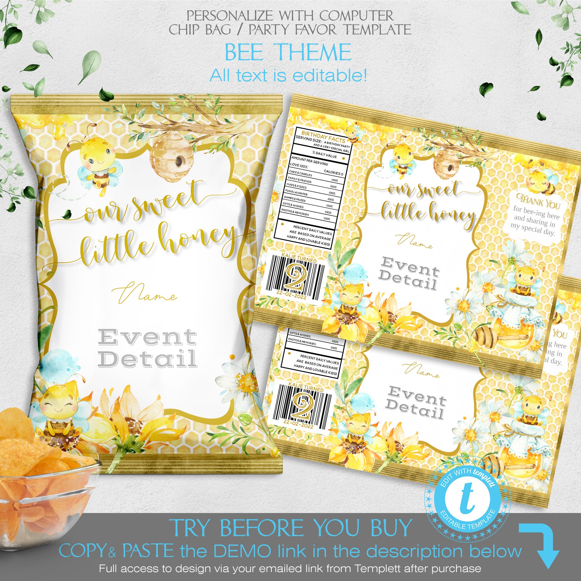 Bee Themed Chip Bag, Bumble Bee Chip Packet, Kids Bee-day Party Favor ...