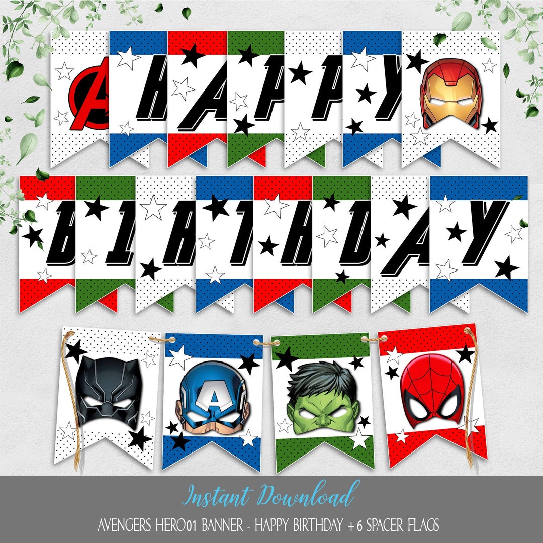 Avengers Birthday Banner, Superhero Masks Marvel Birthday Bunting, Kids ...