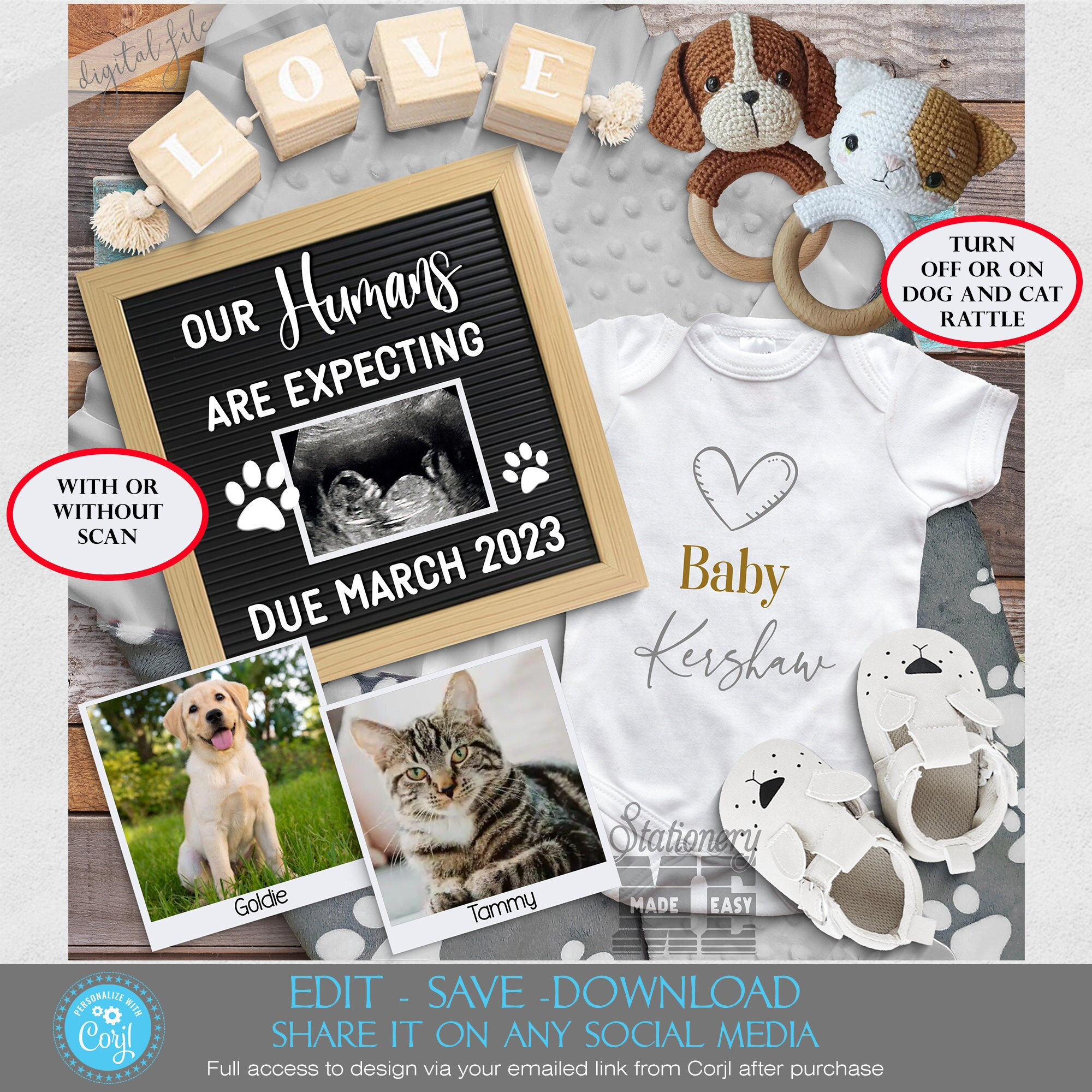 Editable Baby Announcement With Pets, Dog / Cat Pregnancy Reveal ...