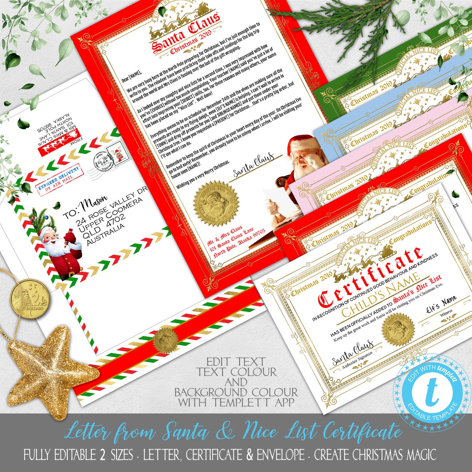 Editable Letter From Santa Certificate and Envelope Printable | Etsy