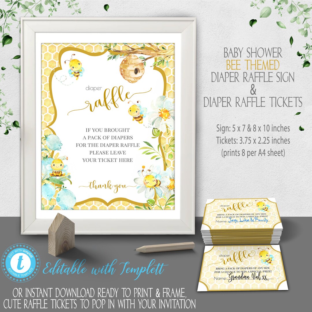 Bee Theme Diaper Raffle Sign & Raffle Tickets, Baby Shower, Cute Honey ...