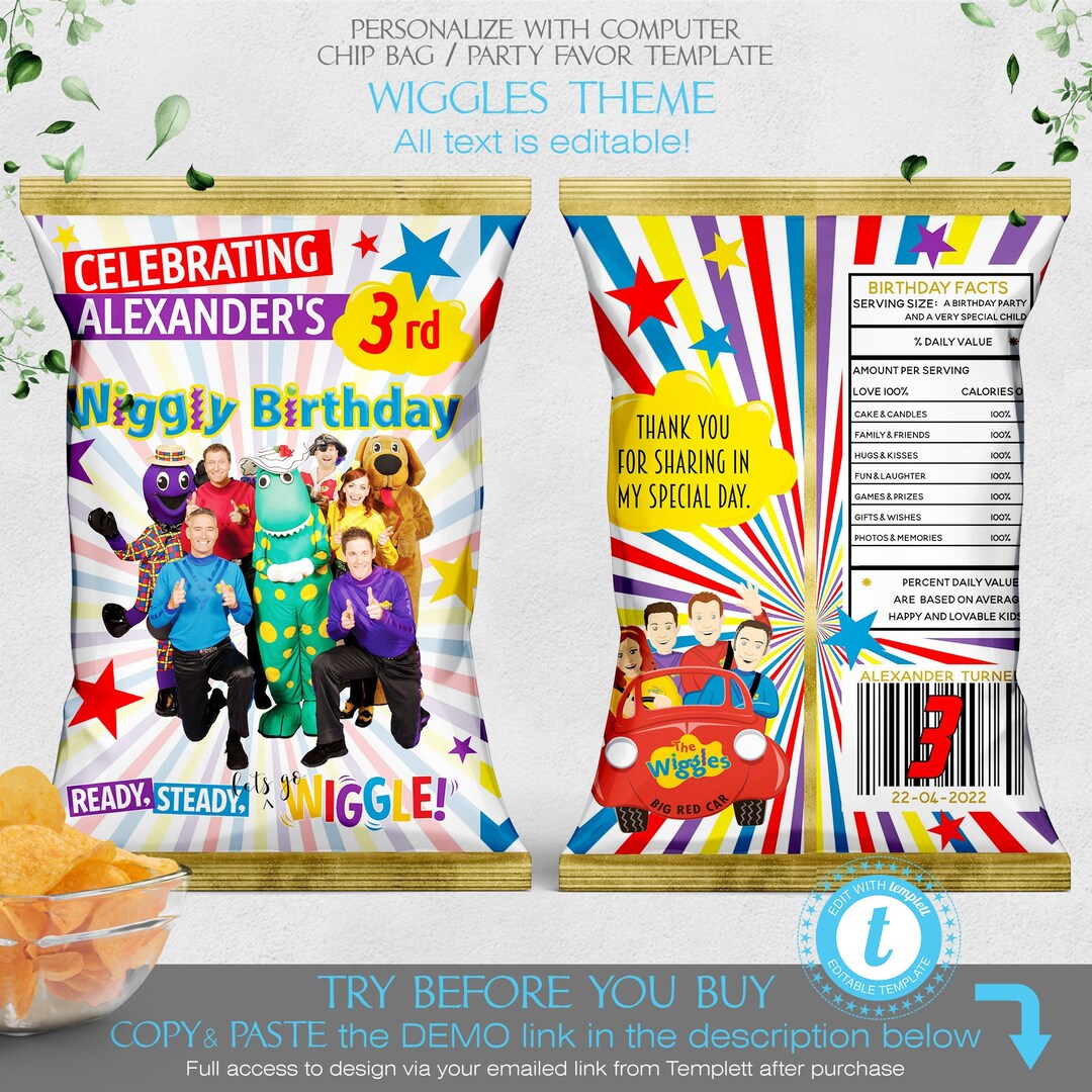 Wiggles Chip Bag Packet Wrap Kids Birthday Party the Wiggles Theme ...