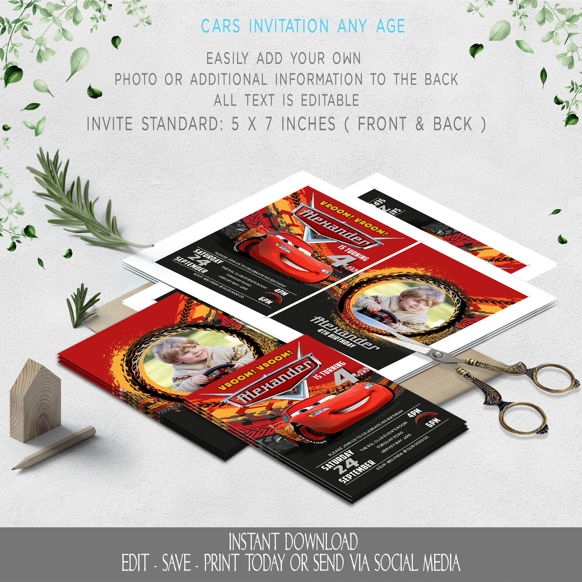 Cars Birthday Invitation or Evite Racing Car Mcqueen Party - Etsy