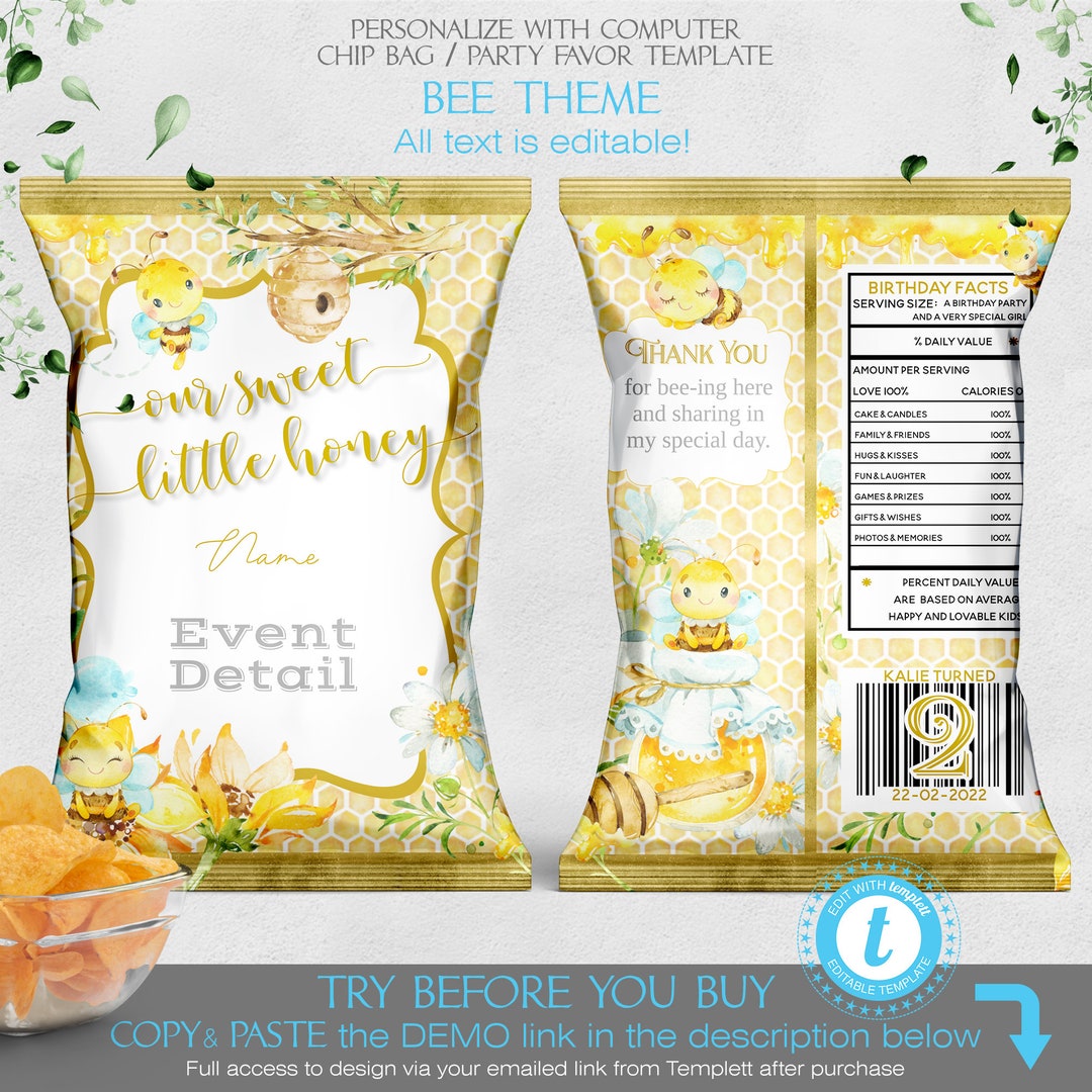 Bee Themed Chip Bag, Bumble Bee Chip Packet, Kids Bee-day Party Favor ...
