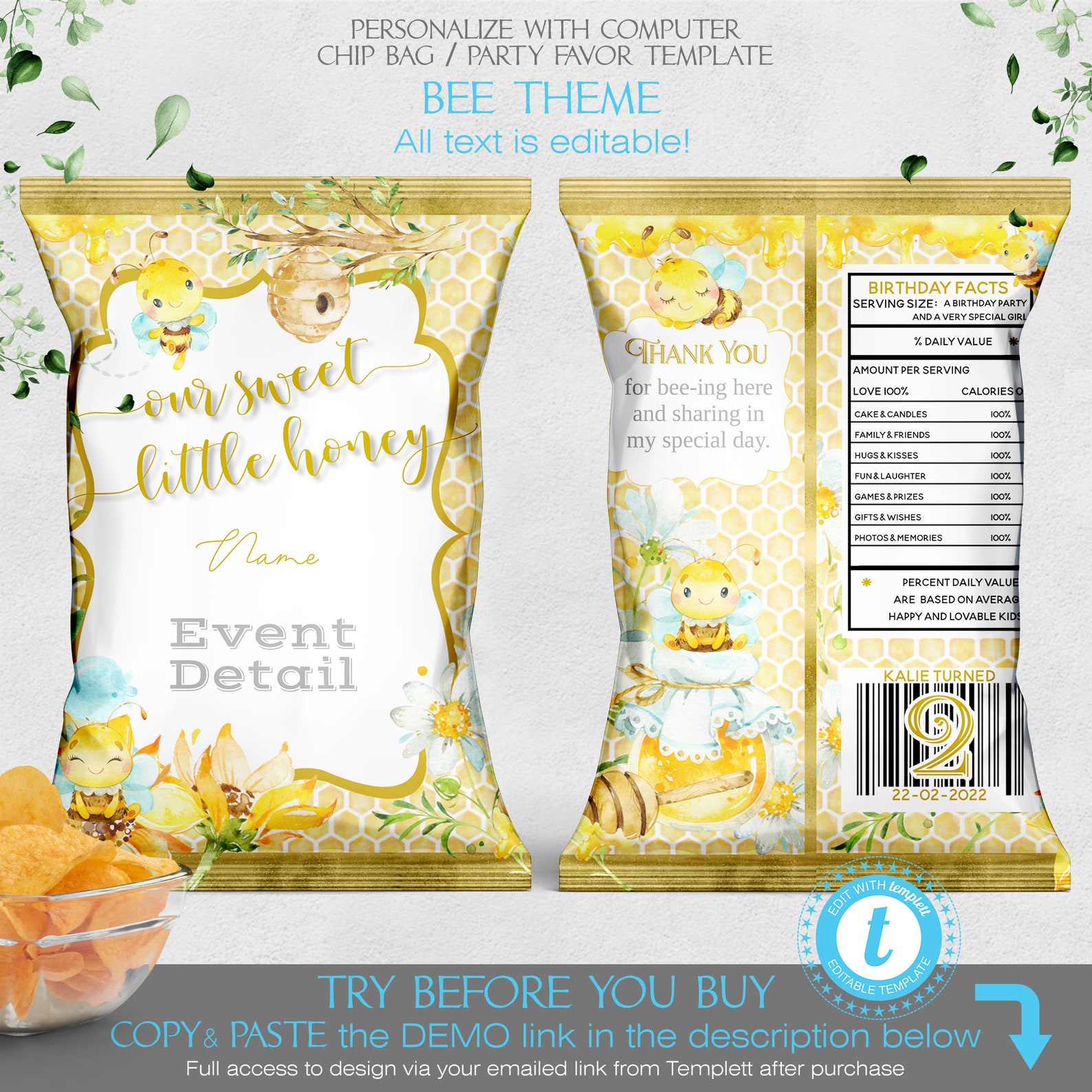 Bee Themed Chip Bag, Bumble Bee Chip Packet, Kids Bee-day Party Favor ...