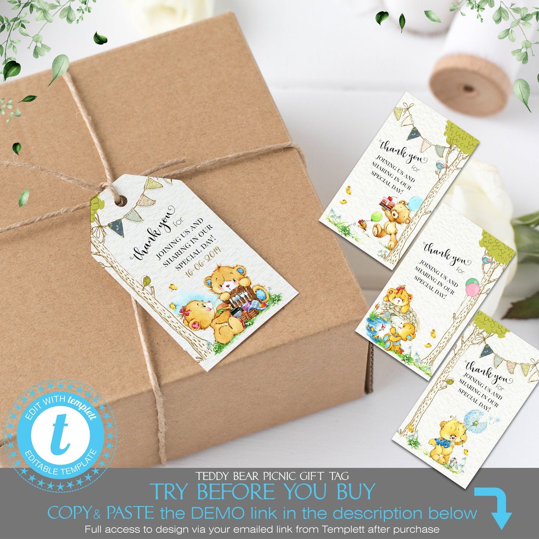 4 Teddy Bear Picnic Thank You Tags, Birthday Theme Teddy Bear Party ...