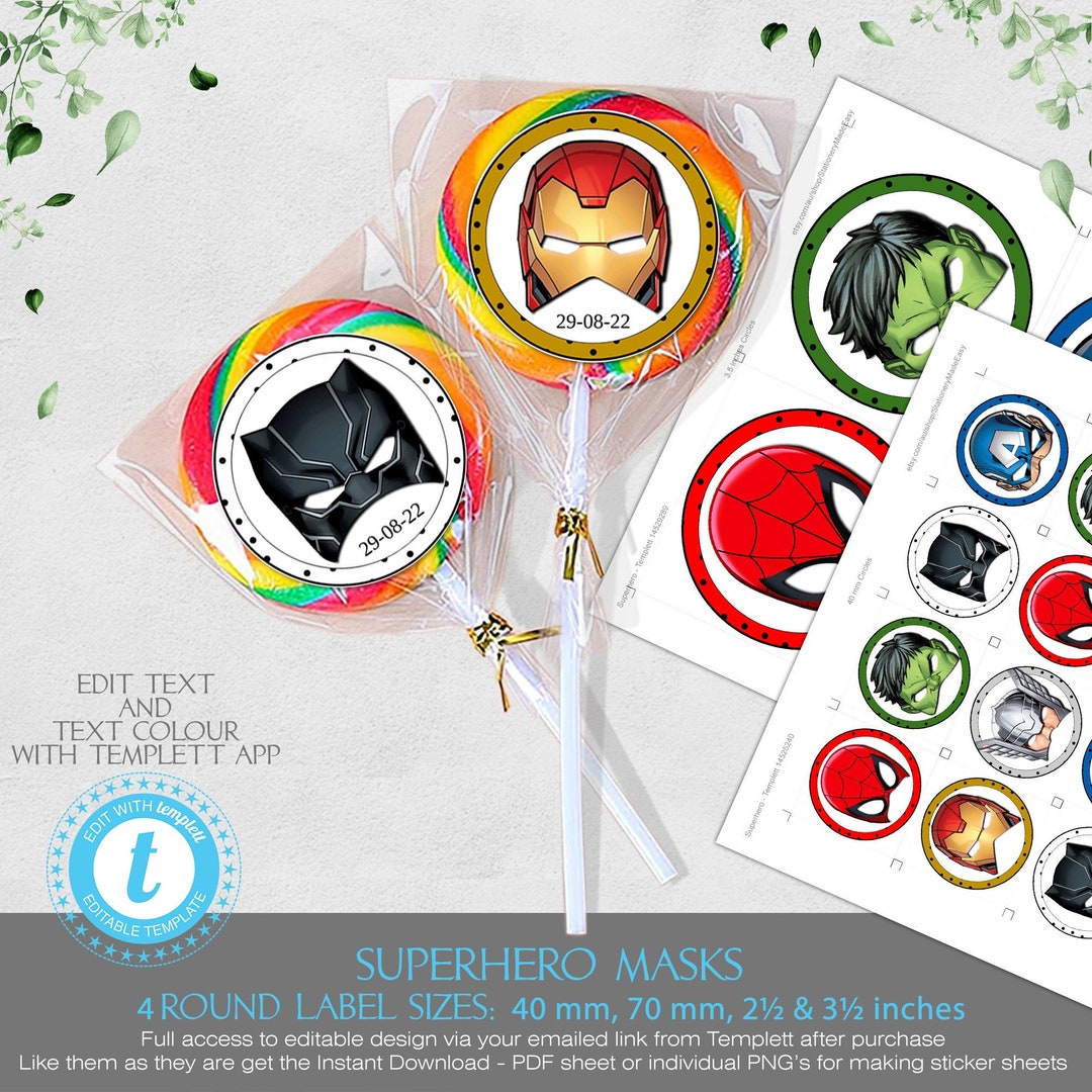 DC Marvel Avengers Sticker Tags, Superhero Masks Lollipop Labels Kids ...