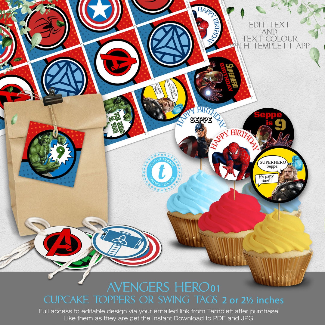 DC Marvel Avengers Cupcake Topper Tags, Superhero Decoration Kids ...